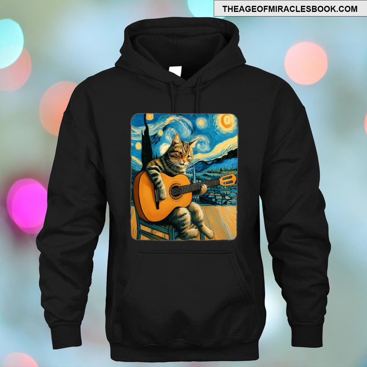 Cat Guitar Van Gogh Starry Night Funny Cat Guitar Meow T-shirt