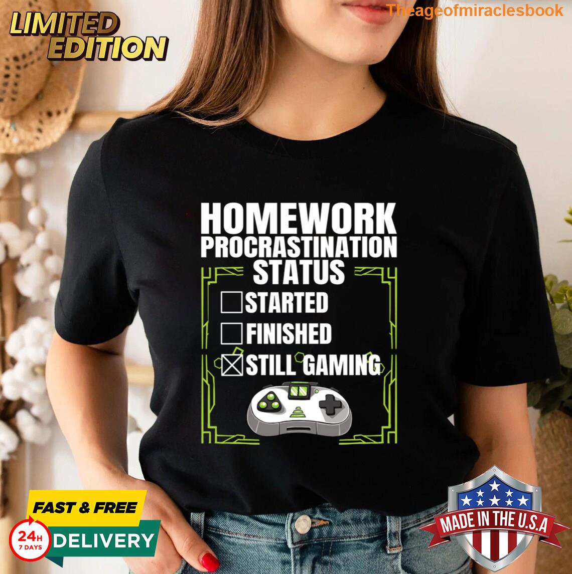 Homework Procrastination Status Gaming Funny Gamer Boy Teens T-shirt