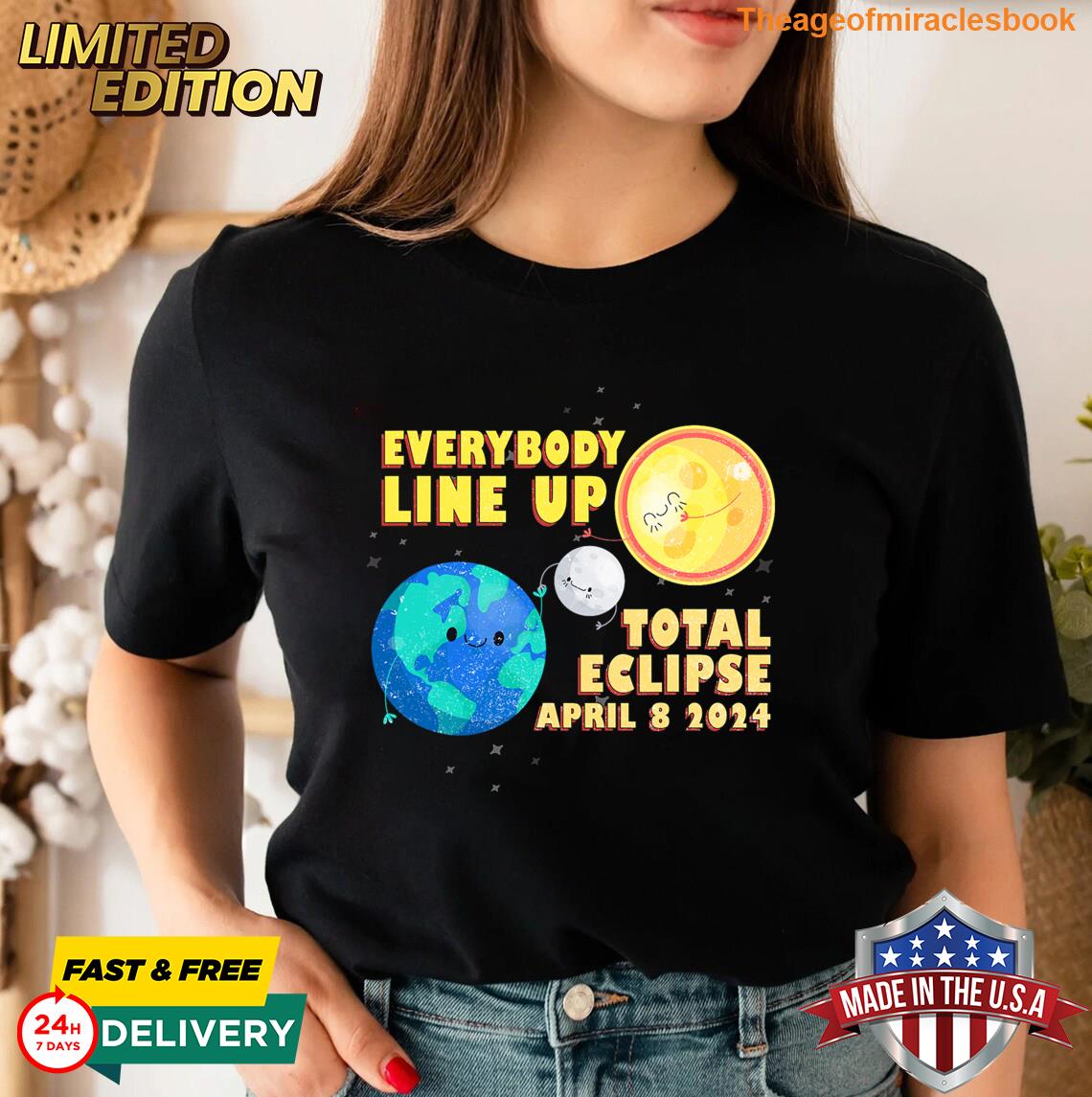 Retro Everybody Line Up Total Solar Eclipse 2024 Boys Girls T-shirt