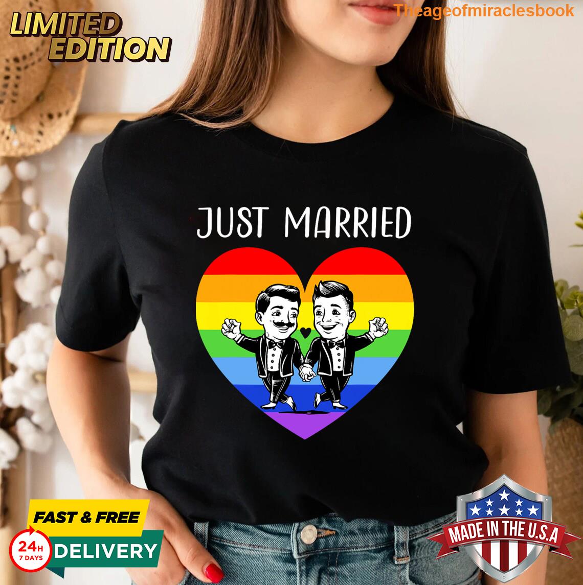 Just Married Gay Couple Rainbow Lgbt Wedding T-shirt