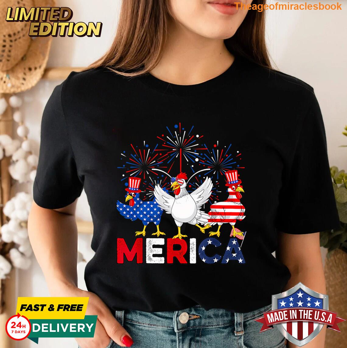 Cute Red White Blue Chicken American Flag Farmer 4th Of July T-shirt