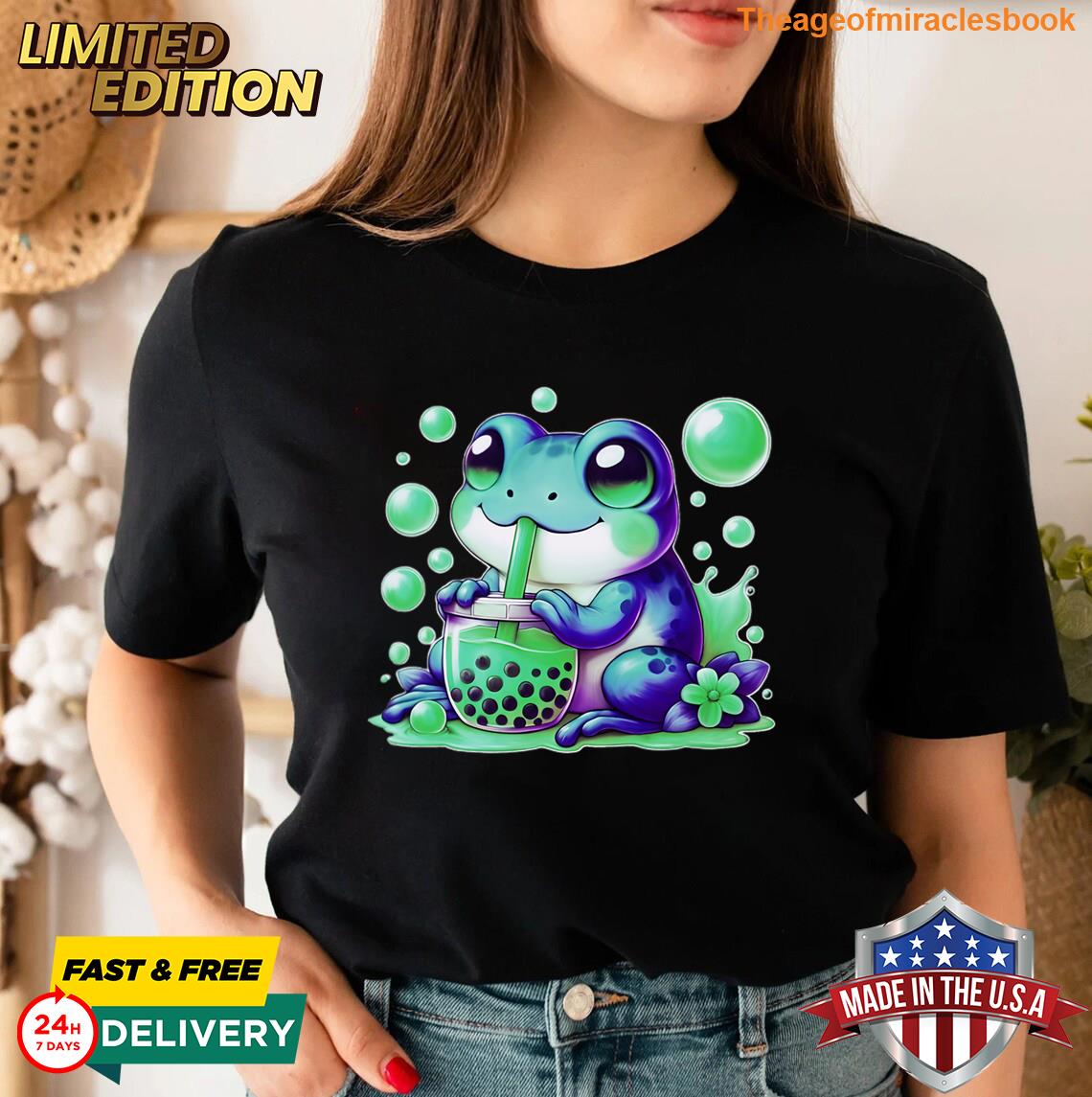 Cute Kawaii Frog Boba Tea Neko Anime Japanese Kids Teen Girl T-shirt