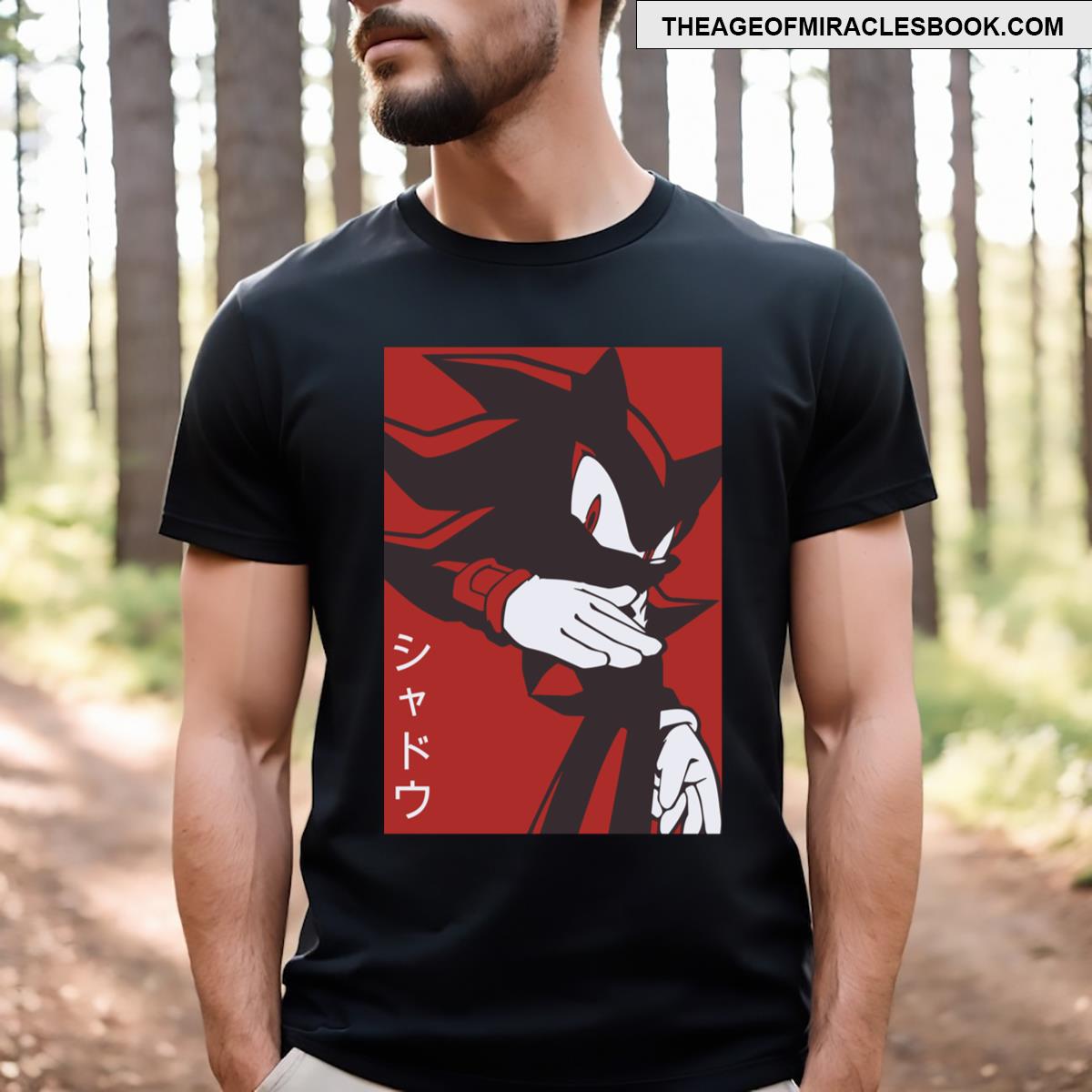 Normal Black Shadow Hedgehog Anime Manga Style Background Red T-shirt