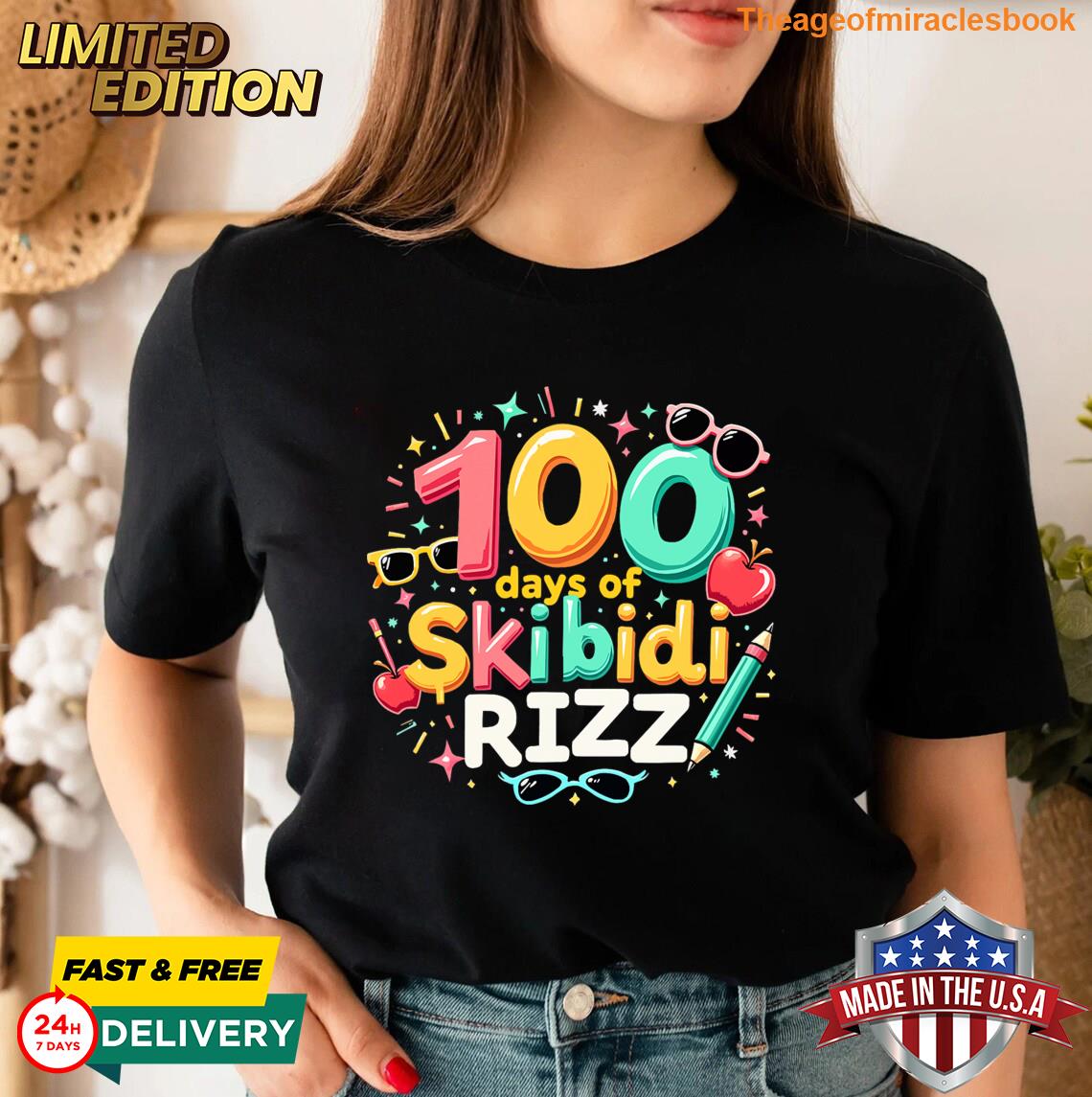 100 Days Of Skibidi Rizz 100th Day Of School Kids Funny Meme T-shirt