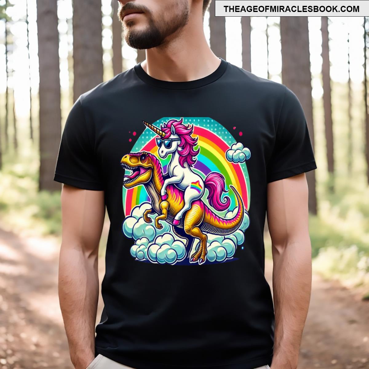 Unicorn Riding T Rex With Rainbow T-shirt