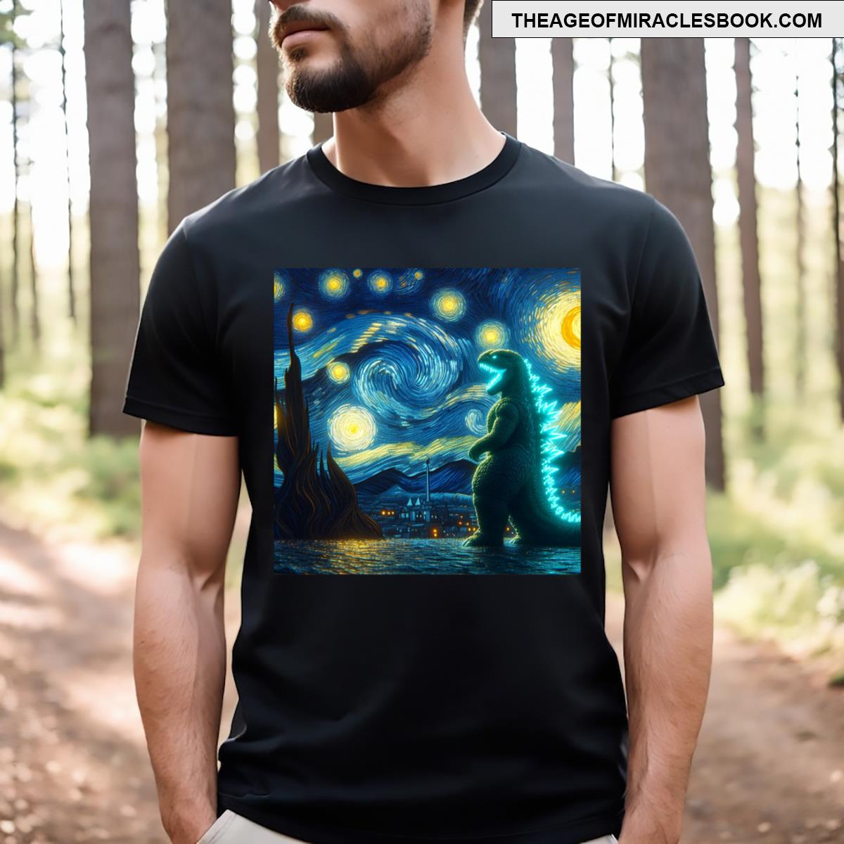 Retro Japanese Kaiju Monster Starry Night Parody Art T-shirt