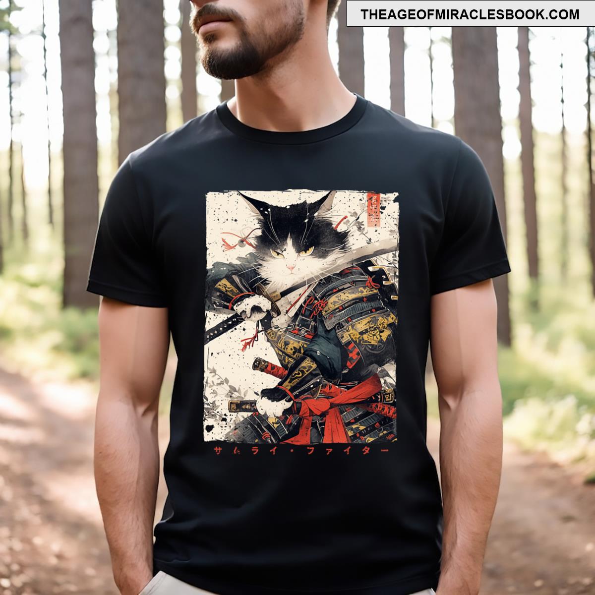 Samurai Cat Warrior Ukiyo Ink Artwork Cat Samurai T-shirt