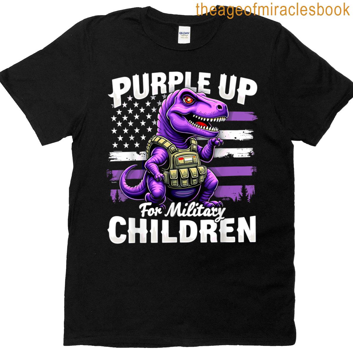 Purple Up For Military Kids Dinosaur T-rex Army Vest Flag T-shirt