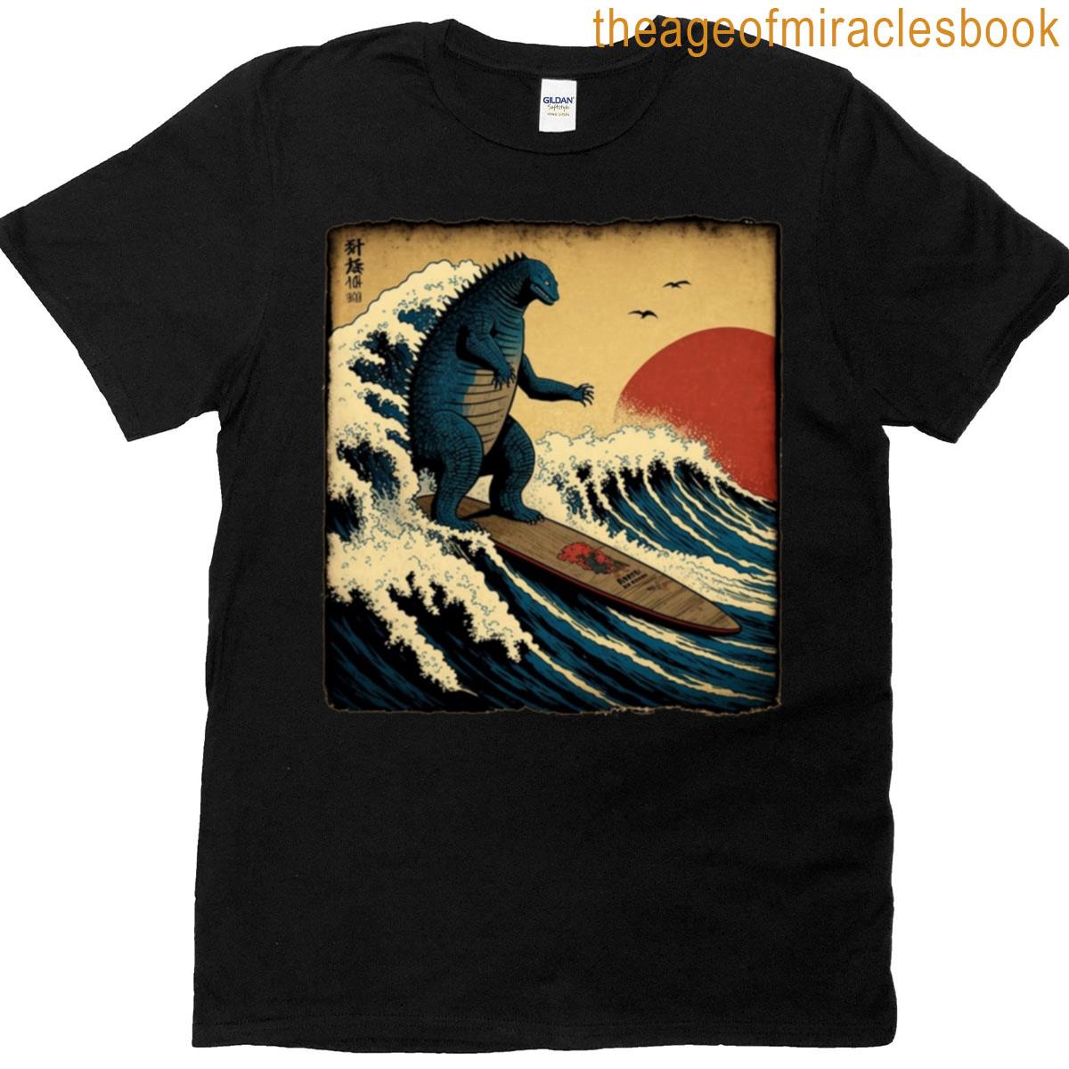 Godzilla Surfing The Great Wave By Hokusai Funny Parody T-shirt