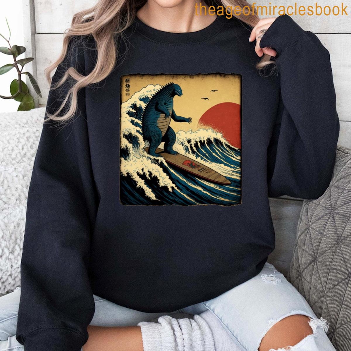 Godzilla Surfing The Great Wave By Hokusai Funny Parody T-shirt