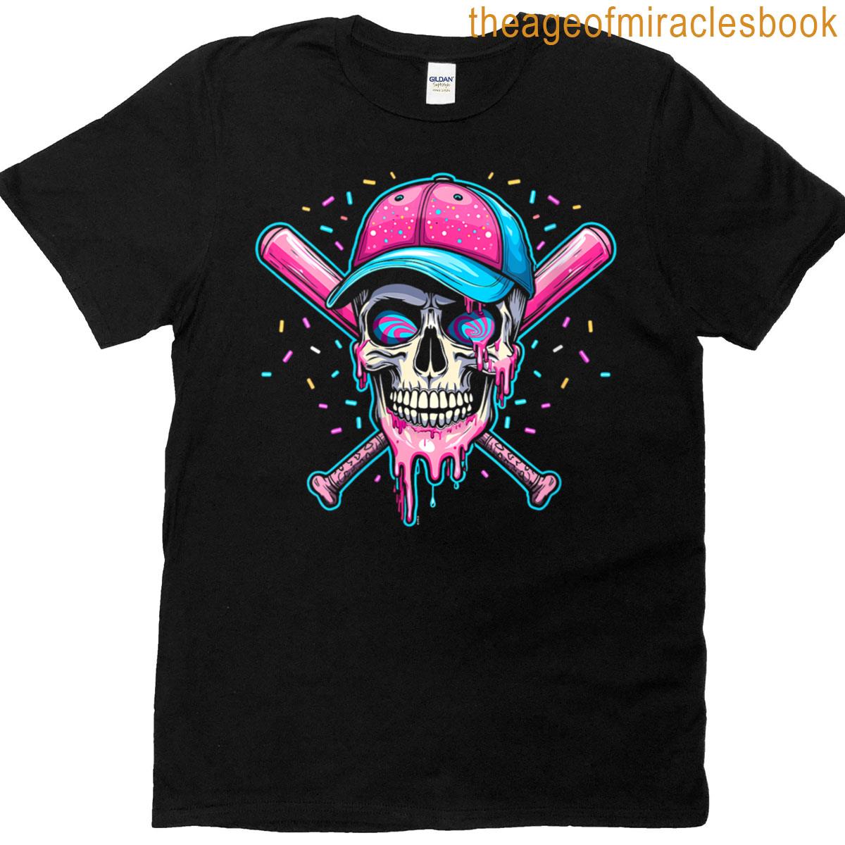 Womens Baseball Home Plate Drip Skull Boys Ice Cream Sprinkle Skull T-shirt