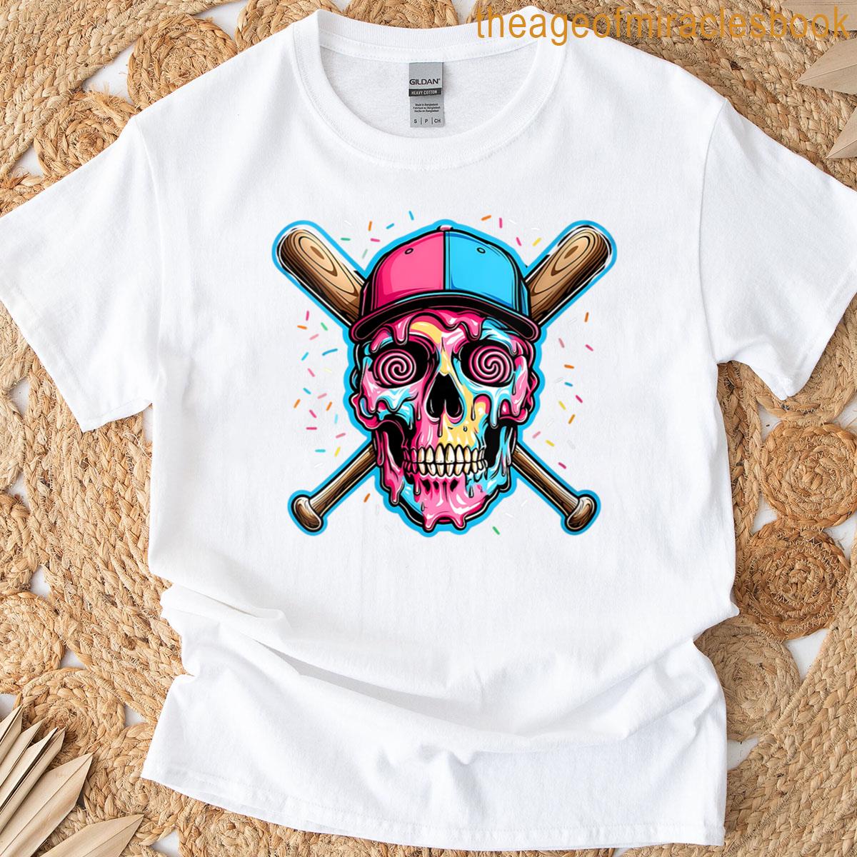 Womens Baseball Skull Drip Baseball Drip Baseball Ice Cream Drip T-shirt
