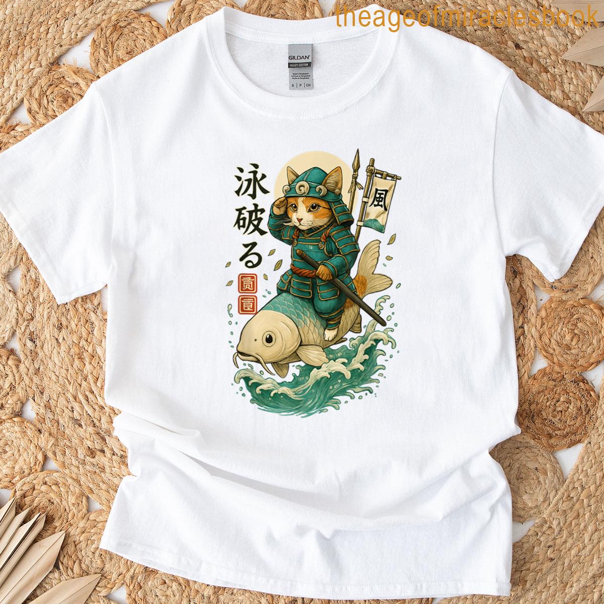 Samurai Cat Riding Koi Fish Fantasy Art T-shirt