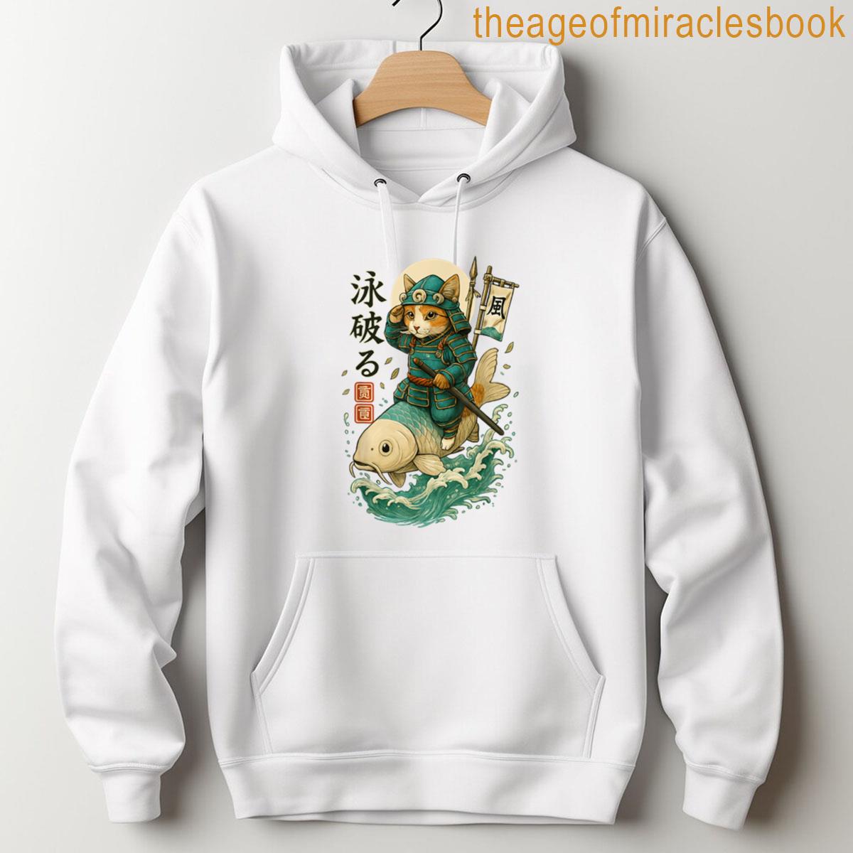 Samurai Cat Riding Koi Fish Fantasy Art T-shirt