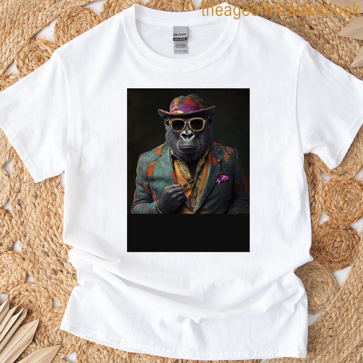 a gorilla standing looking like a nigerian gangster long T-shirt