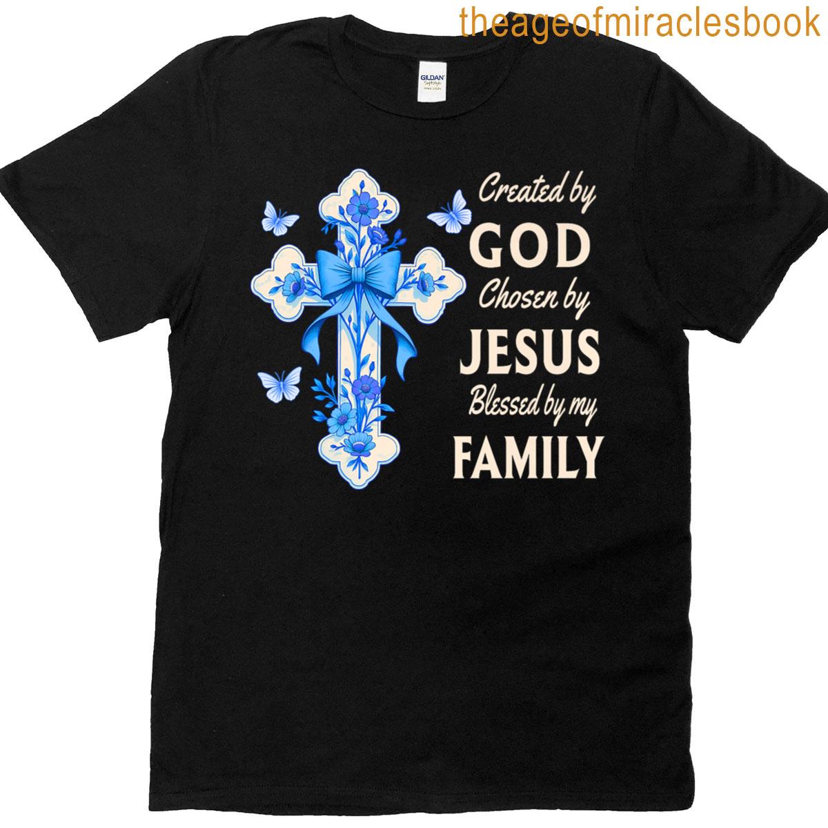 Created By God Blessed By Family Blue Toile Floral Cross Premium T-shirt
