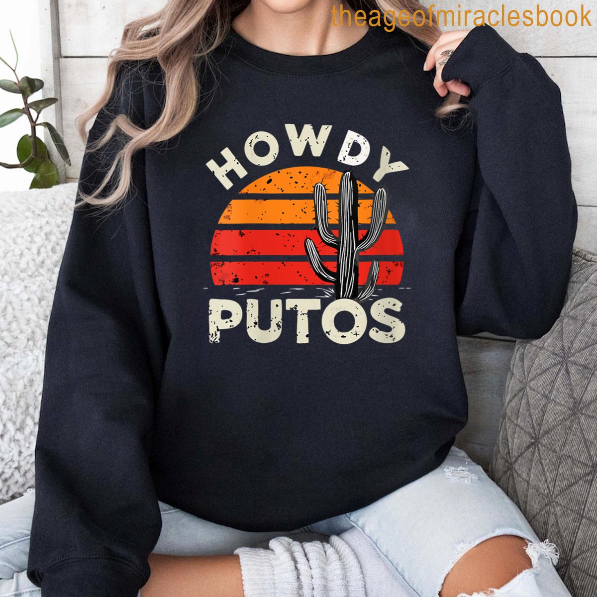 Womens Howdy Putos Funny Cactus Retro Vintage V-neck T-shirt