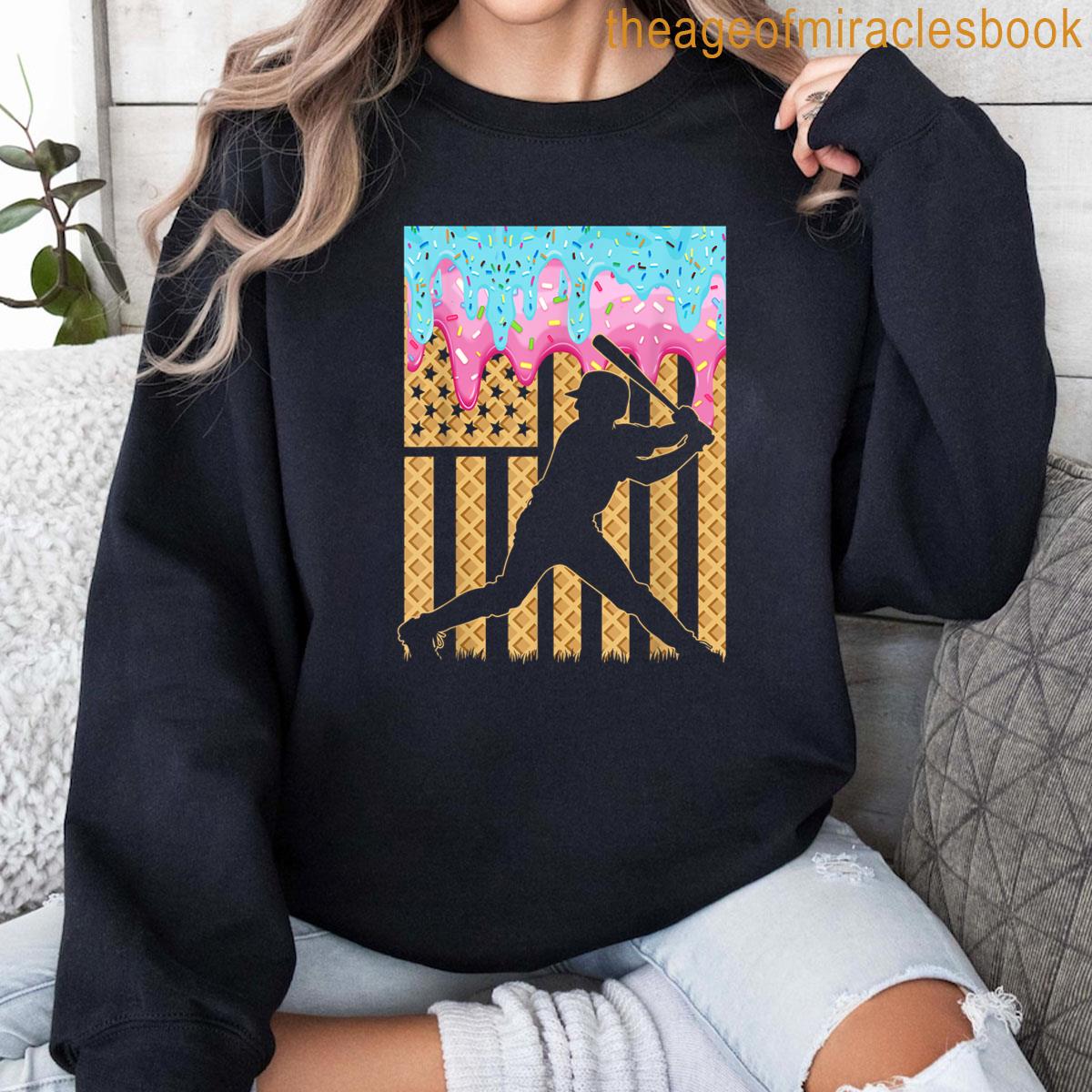 Baseball Drip Bat Boy Girls Dripping Ice Cream American Flag T-shirt