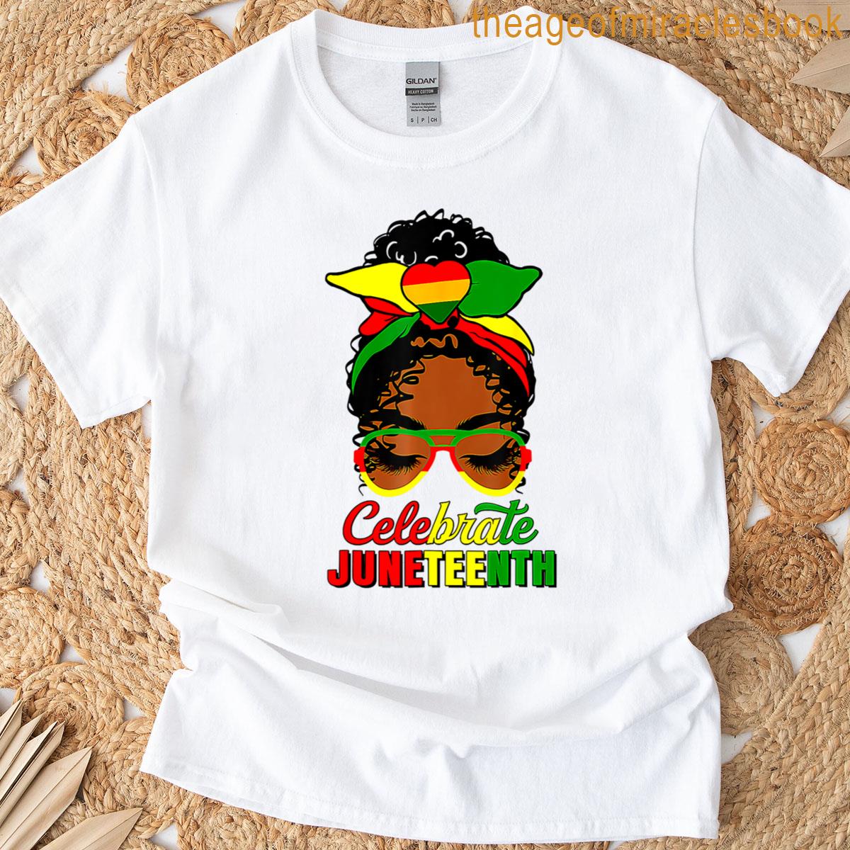Cute Black Messy Bun Girls Kids Juneteenth Celebrating 1865 T-shirt