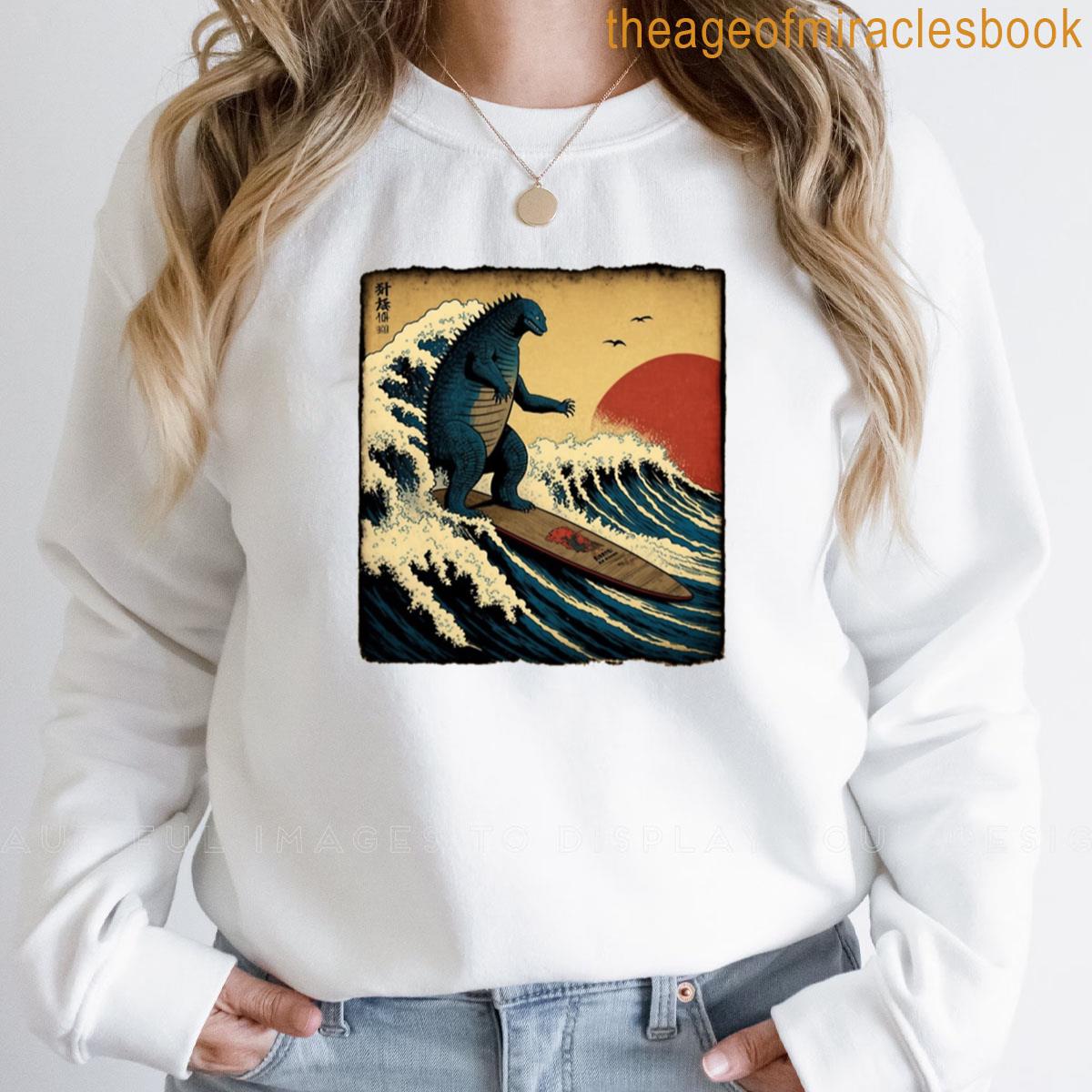 Godzilla Surfing The Great Wave By Hokusai Funny Parody T-shirt