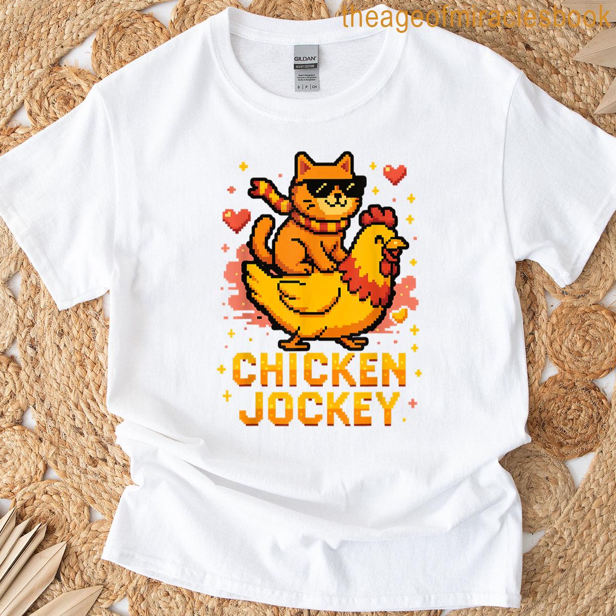 Chicken Jockey Cute Cat Riding Pixel Art Gamer Meme T-shirt
