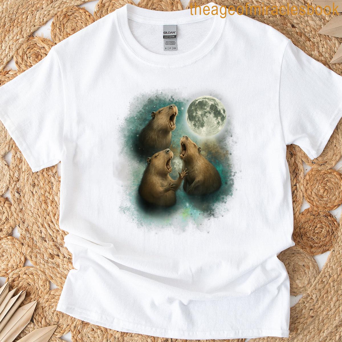 Funny Three Capybaras Howling At The Moon Chill Cosmic Meme T-shirt