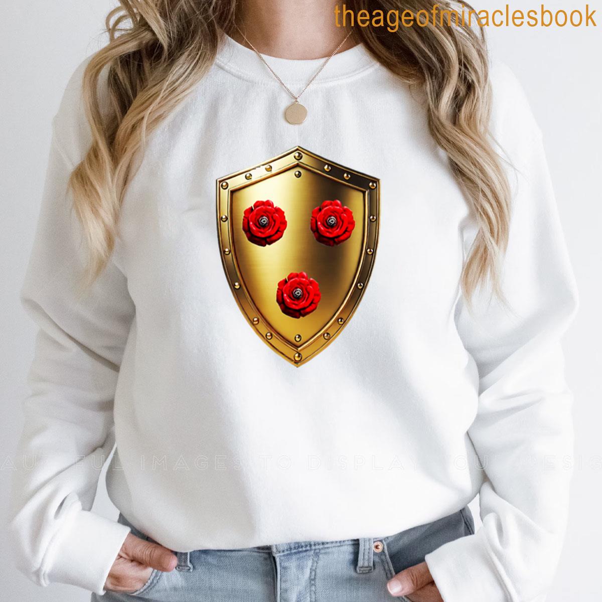 Young Shield Brilliant Gold Armor With Three Bold Red Roses T-shirt