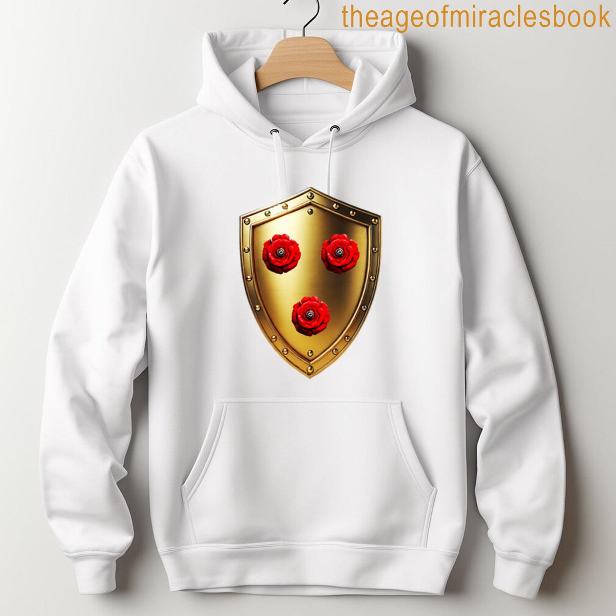 Young Shield Brilliant Gold Armor With Three Bold Red Roses T-shirt