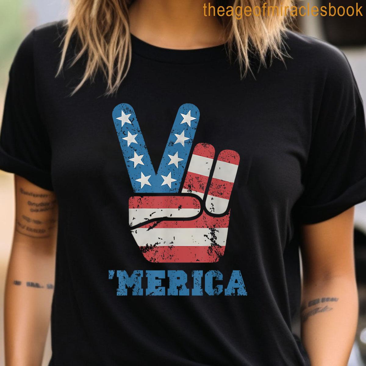 Merica Peace Sign Hand 4th Of July Usa Flag Men Boy T-shirt