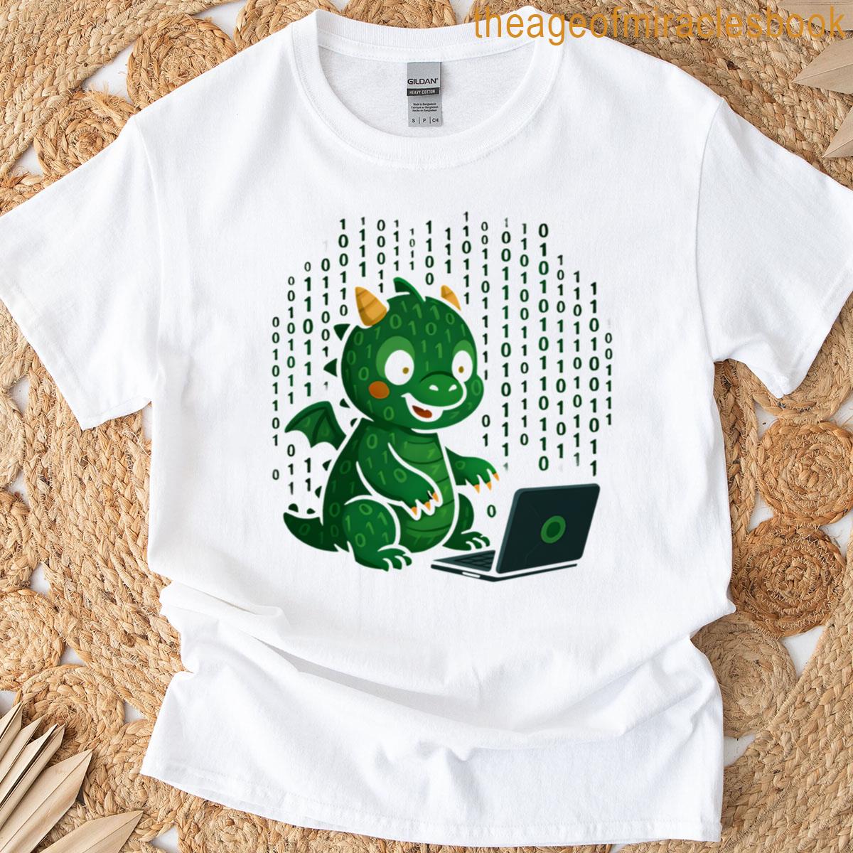 Cute Hacker Dragon Typing Binary Code Cartoon Design T-shirt