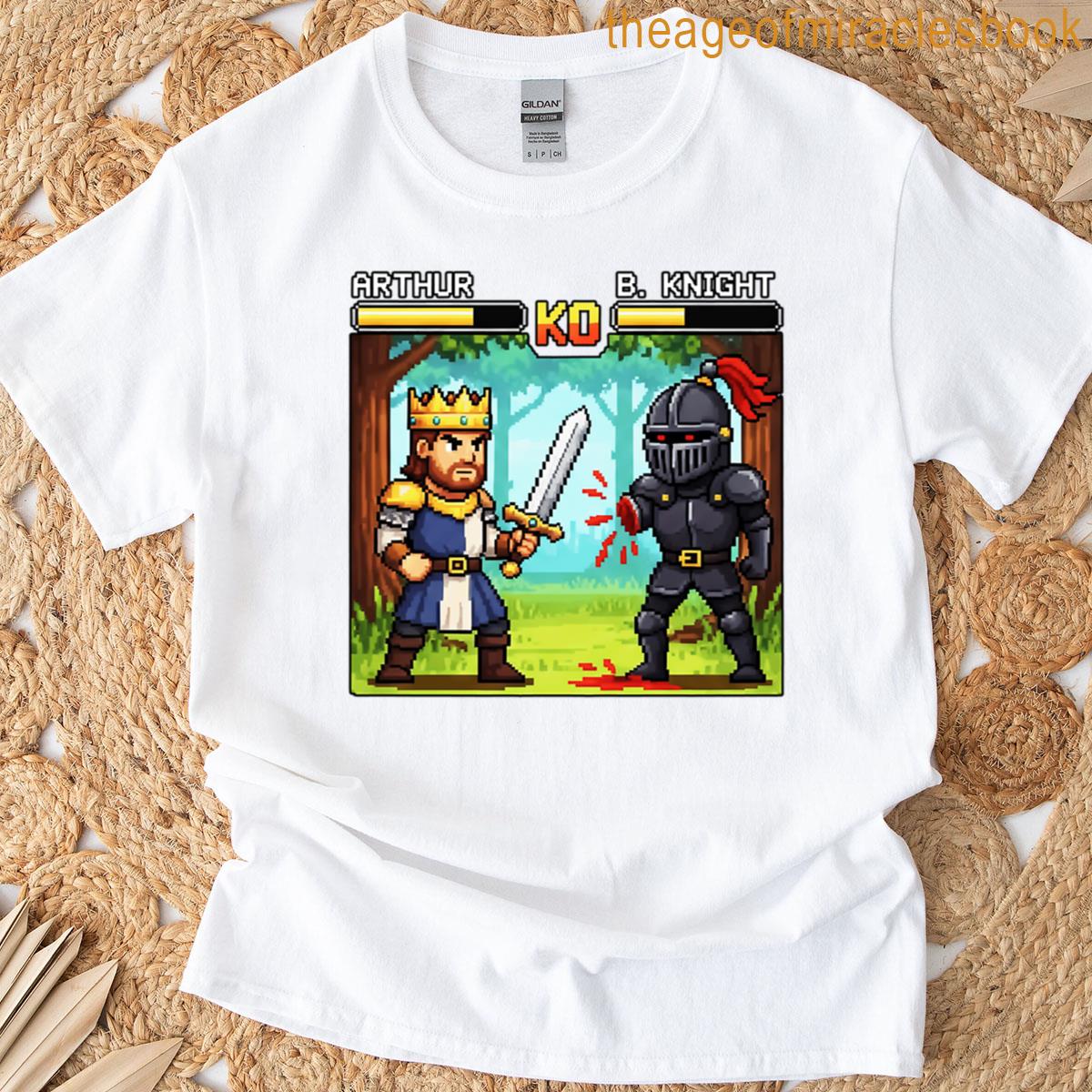 Pixel Fight Arthur Vs Black Knight Retro Ko Battle Design T-shirt
