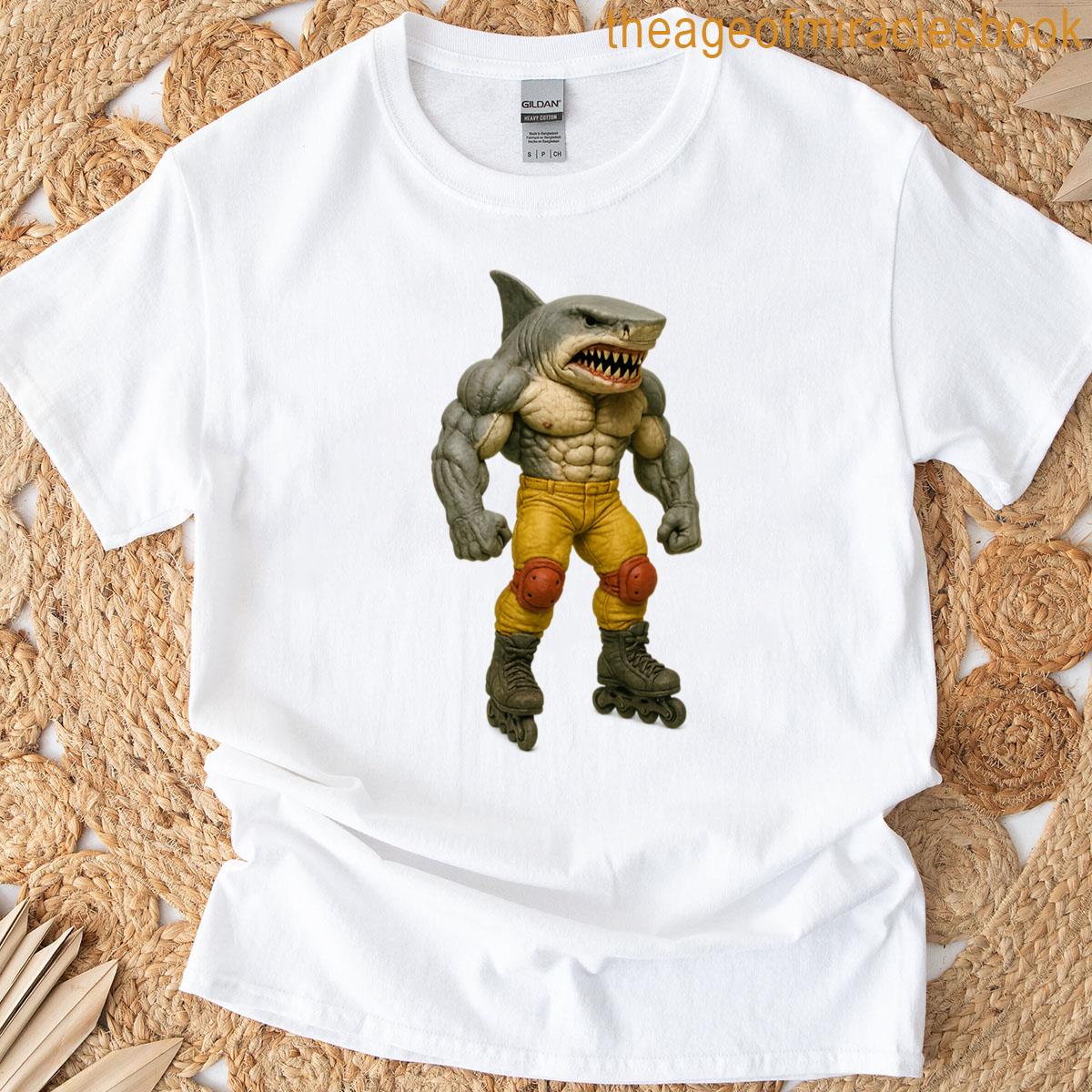 Rollerblading Shark Warrior Muscular Skater Shark Character Design T-shirt