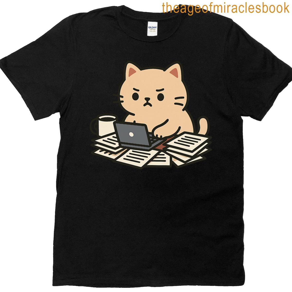 Workaholic Cat Kawaii Office Kitty Typing Sticker Oversized T-shirt
