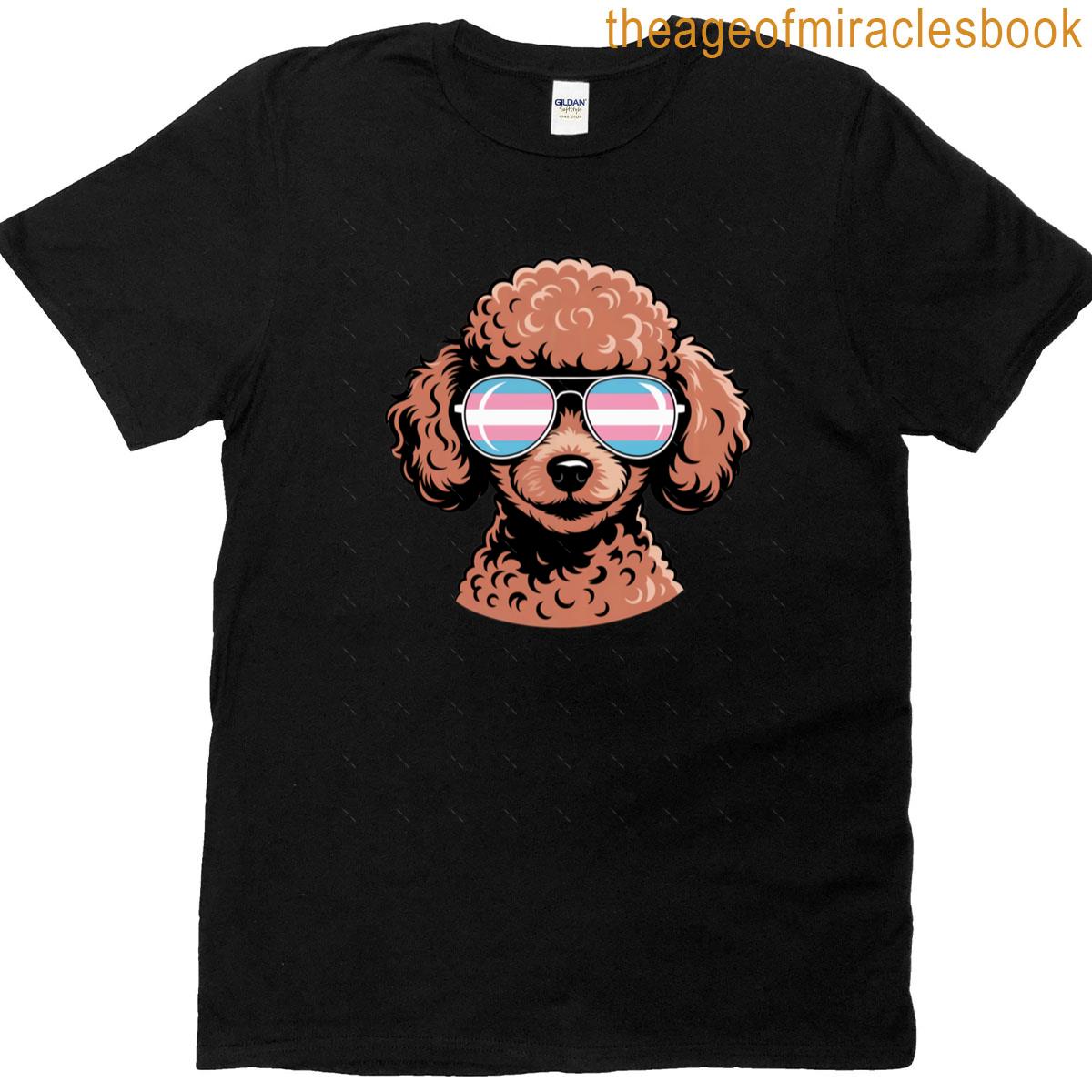 Toy Poodle Dog Wearing Trans Pride Themed Sunglasses Oversized T-shirt