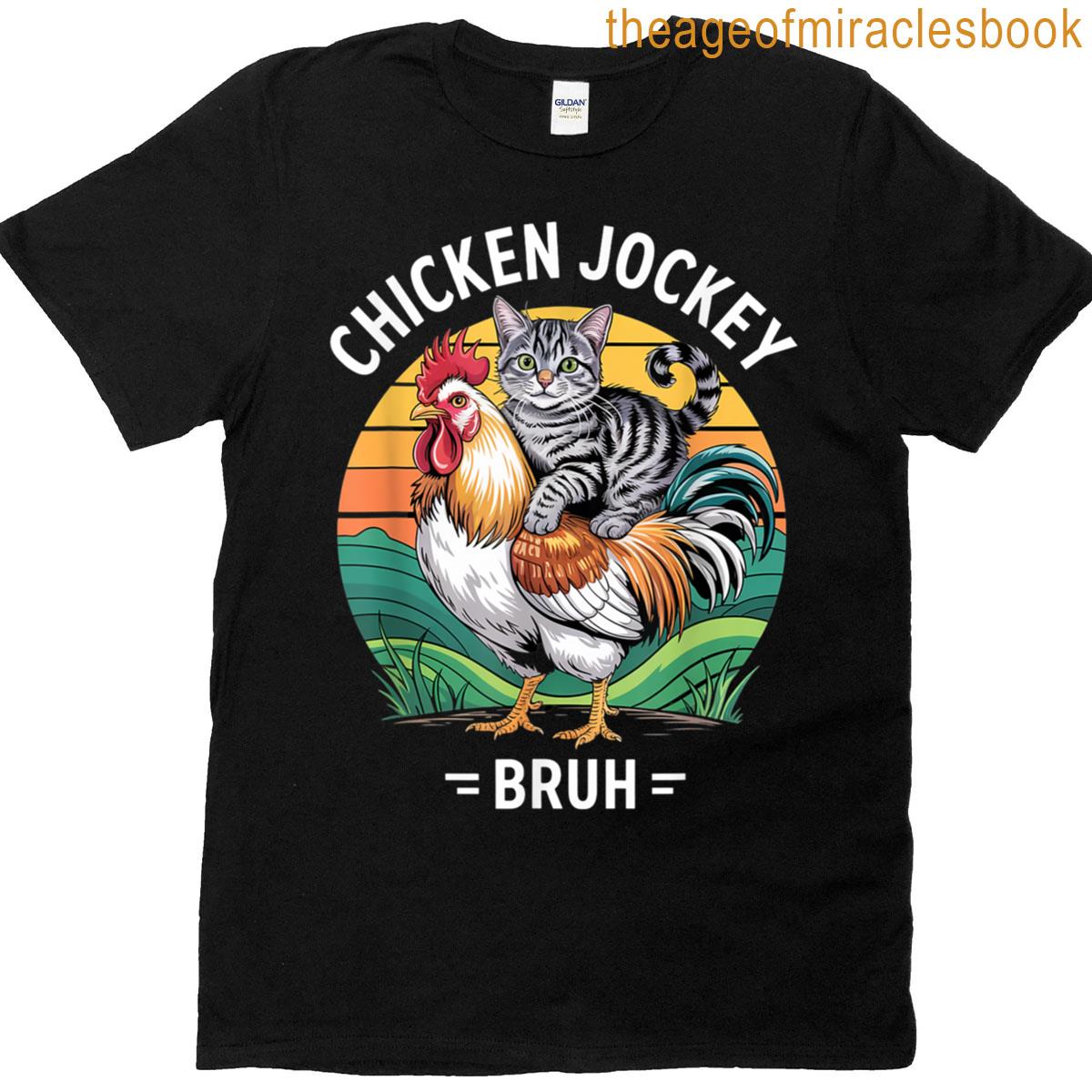 Funny Cat Riding Chicken Jockey Bruh Meme T-shirt