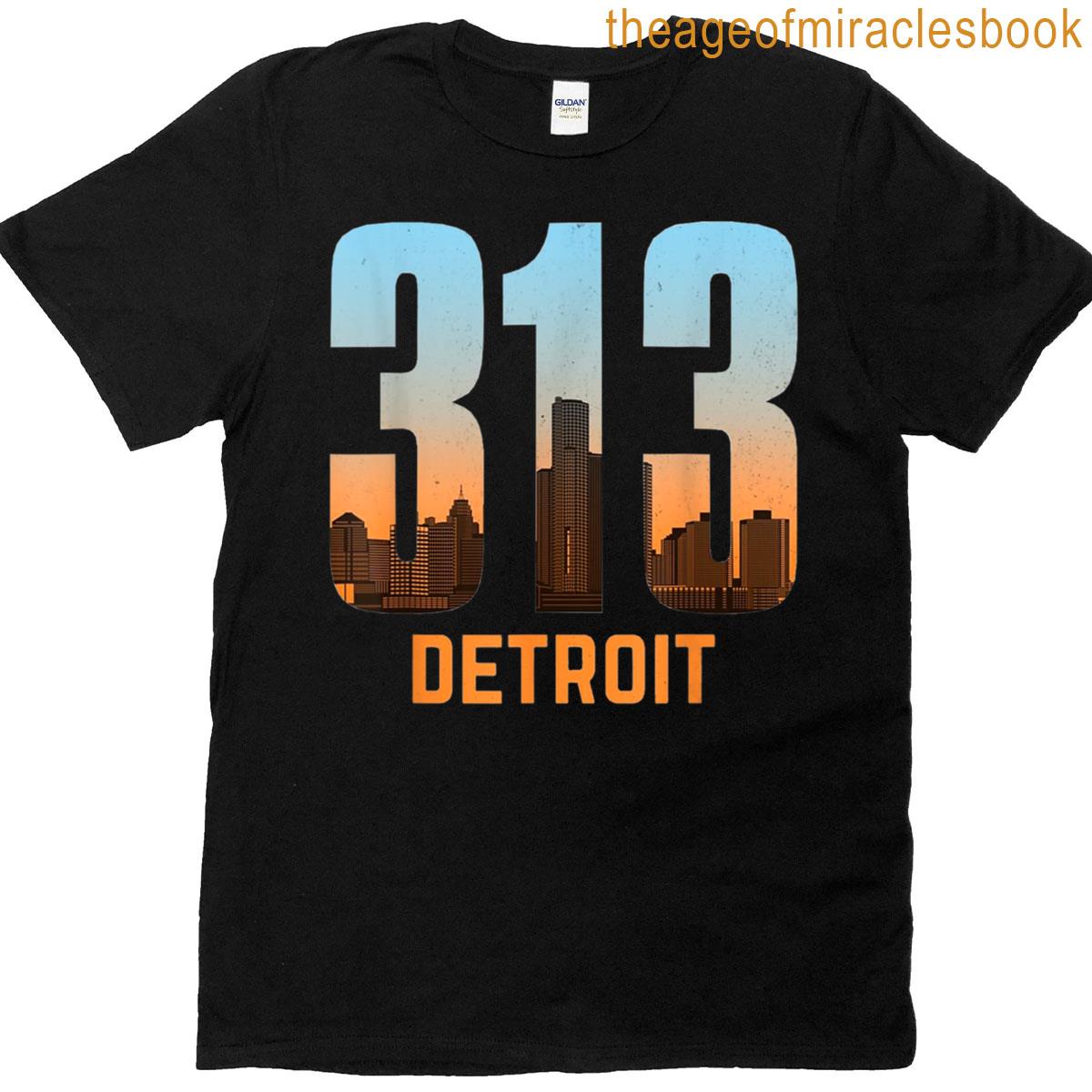 Vintage 313 Detroit Michigan Area Code Skyline T-shirt