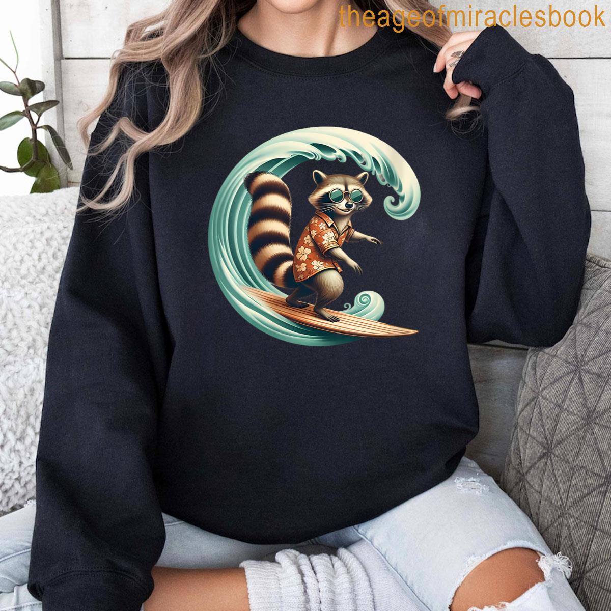 Womens Funny Surfing Raccoon Art Vintage Beach Surfer Surf Culture T-shirt