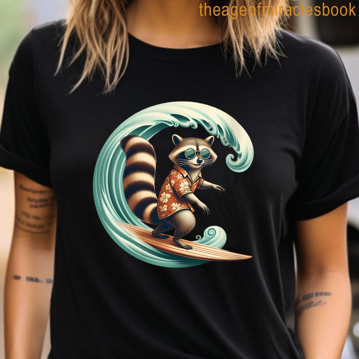 Womens Funny Surfing Raccoon Art Vintage Beach Surfer Surf Culture T-shirt