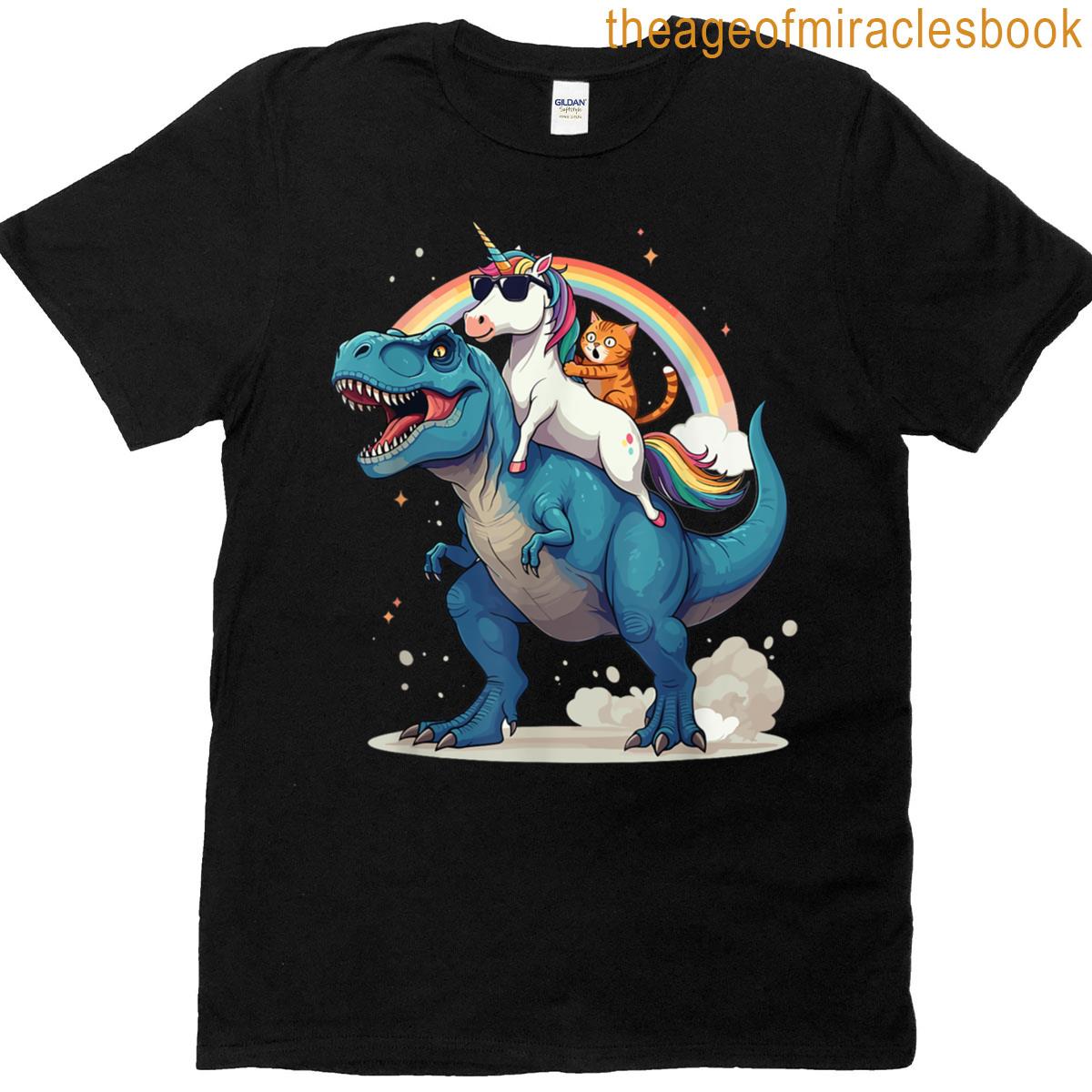 Cat Unicorn Riding T-rex Dinosaur Rainbow Cute Funny T-shirt