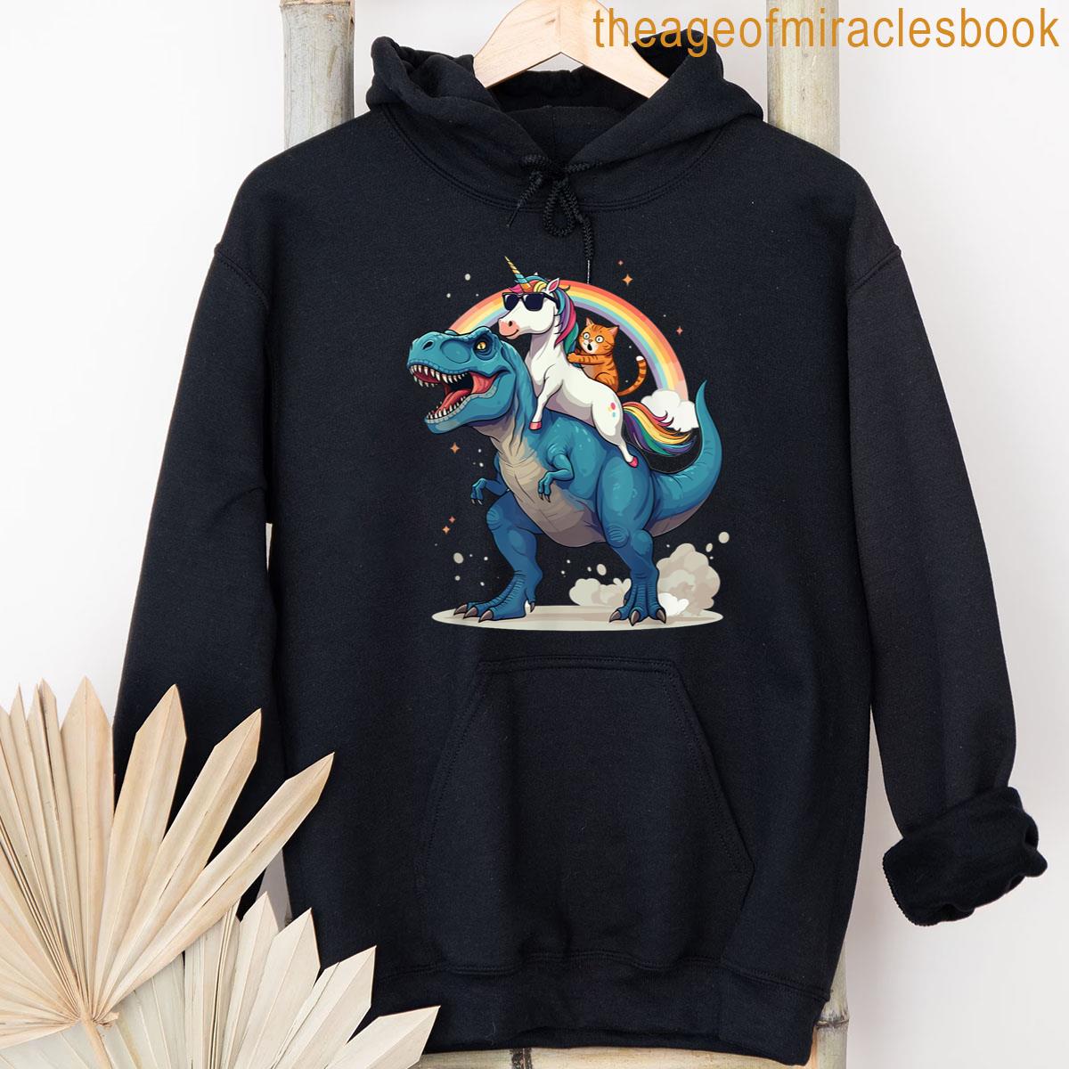 Cat Unicorn Riding T-rex Dinosaur Rainbow Cute Funny T-shirt