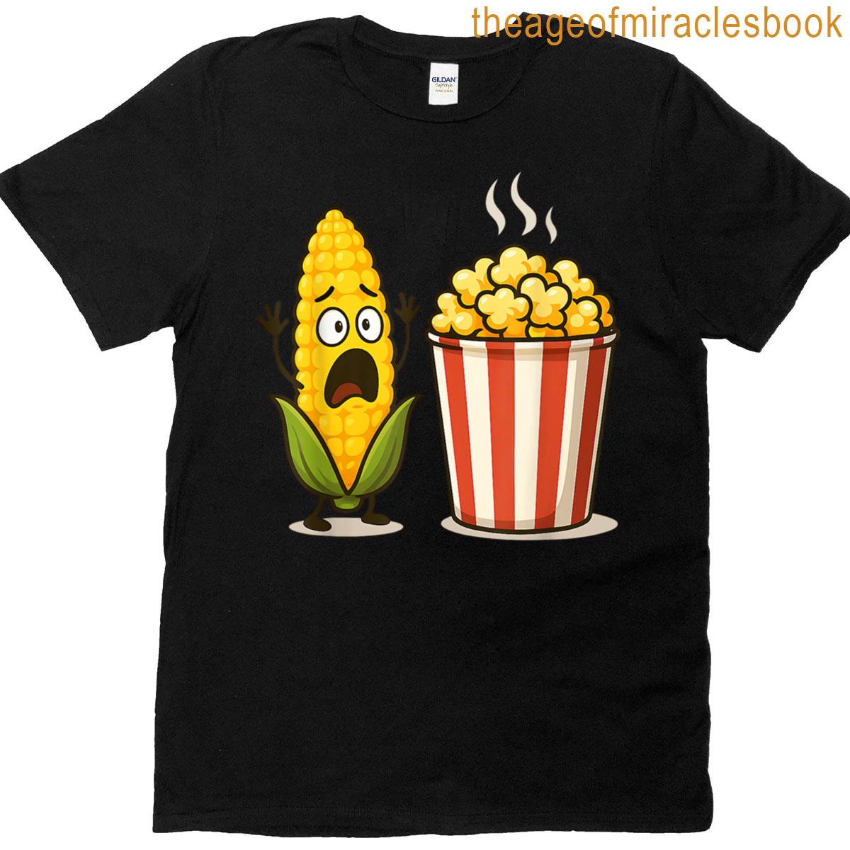 Funny Scared Corn And Popcorn Cartoon T-shirt