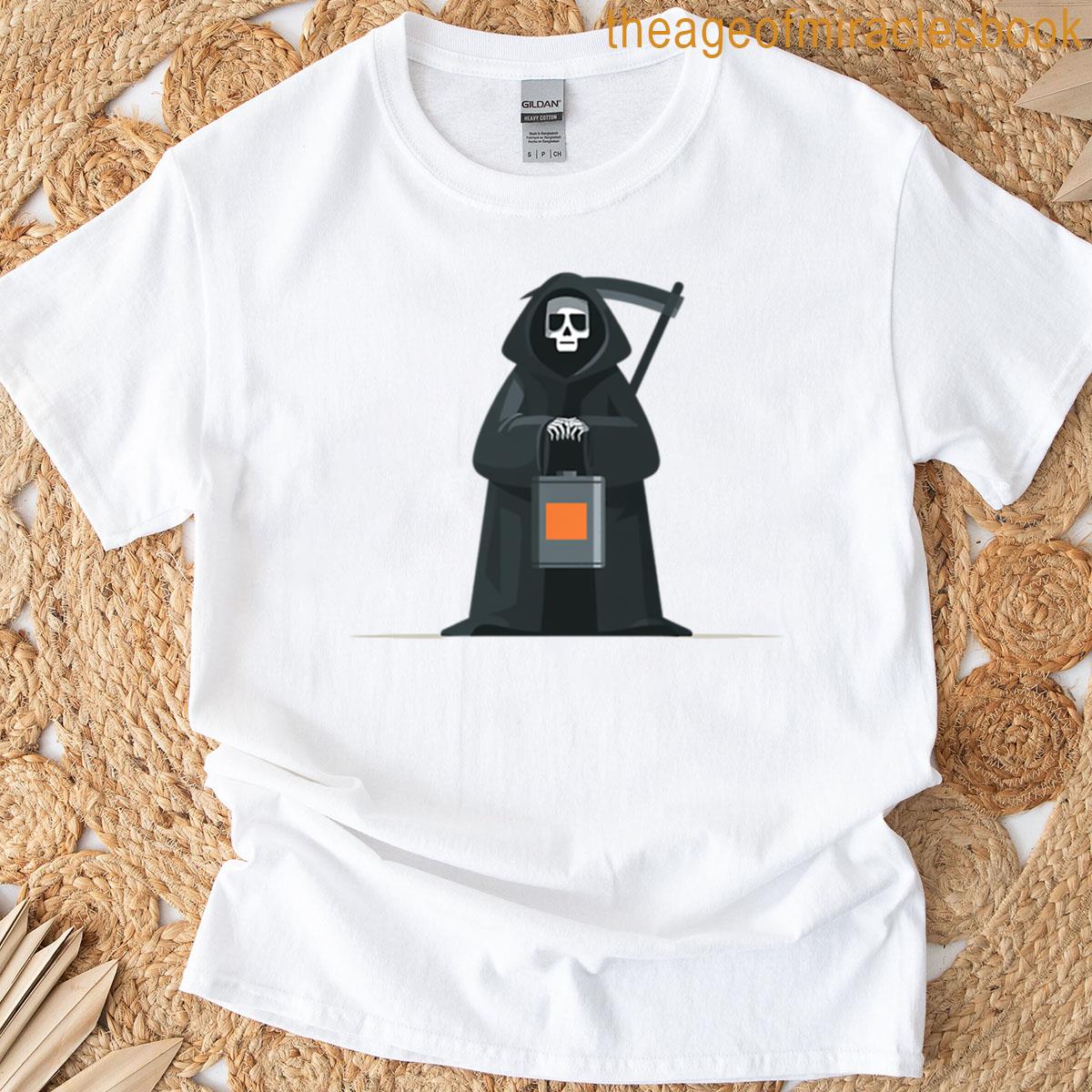 Grim Reaper Low Battery Exhausted Death Dark Humor Illustration T-shirt