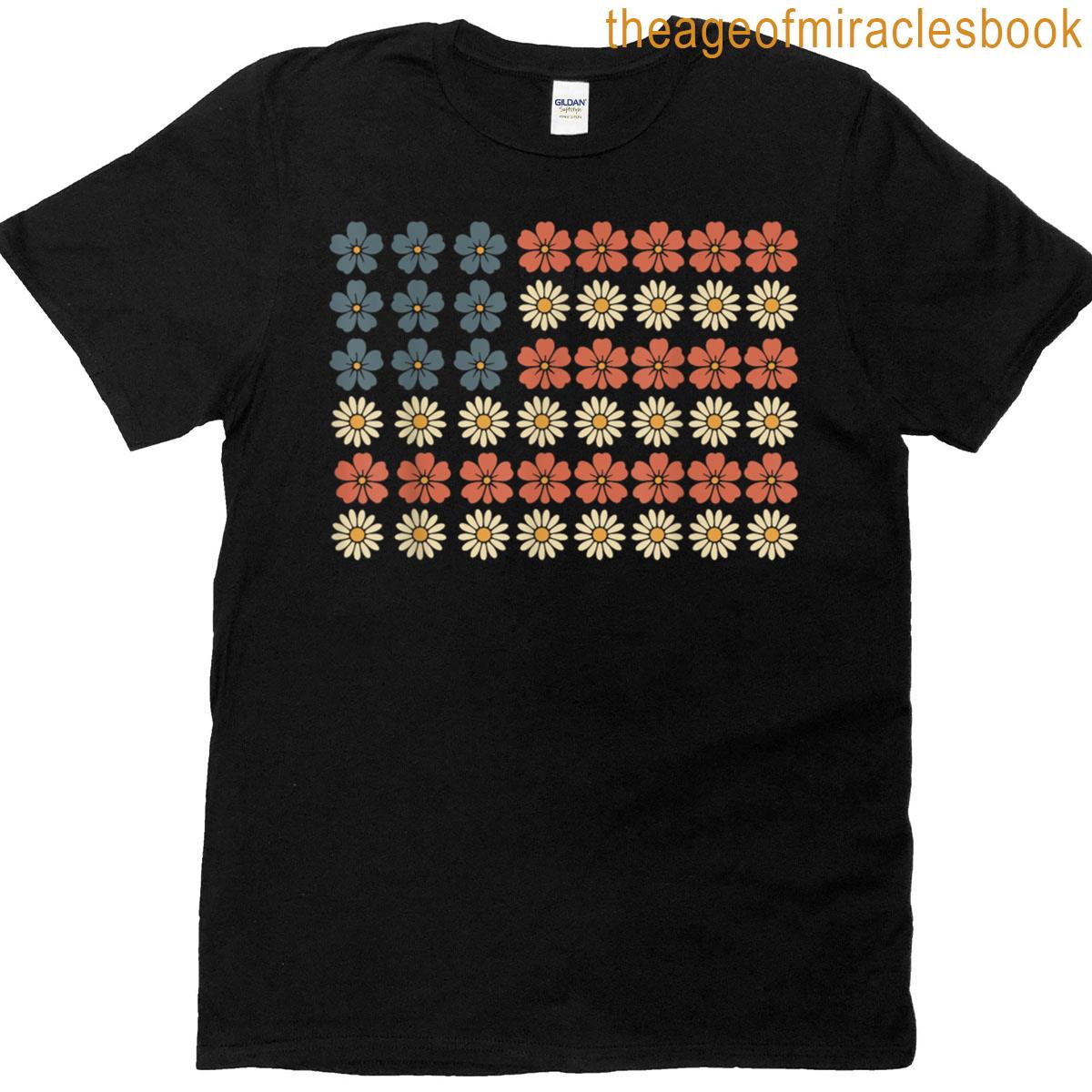 Retro Patriotic Daisy Flower American Flag Women 4th Of July T-shirt