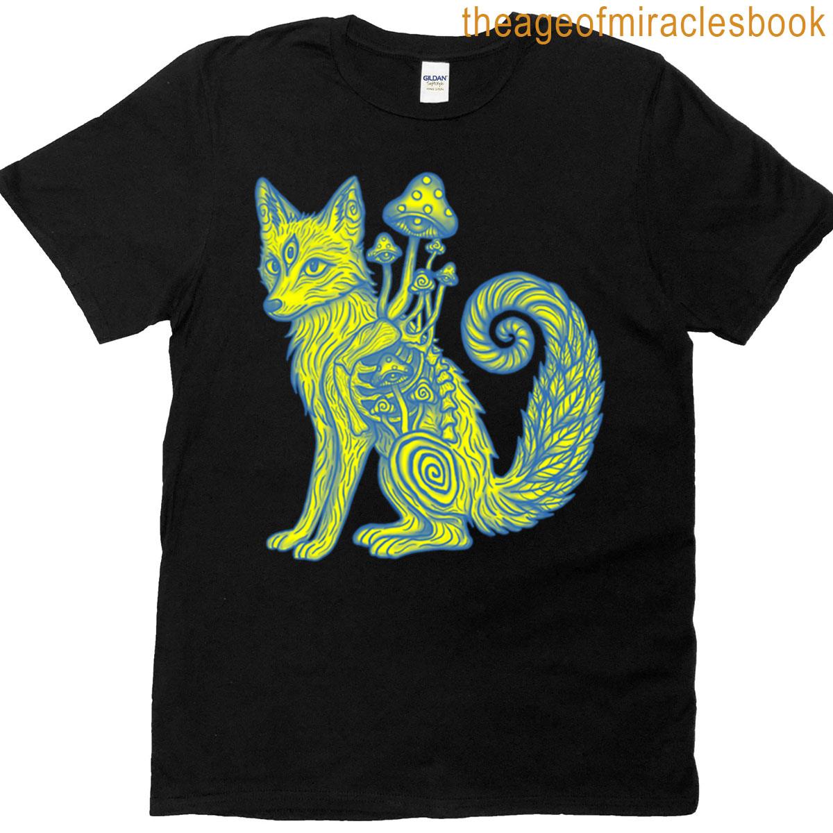 Yellow And Blue Trippy Mushroom Fern Fox Premium T-shirt