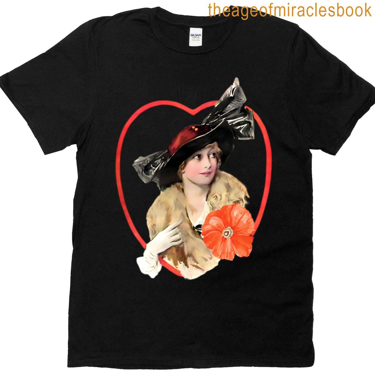 Demure Woman In A Hat In Heart Frame Vintage Magazine Art Revival T-shirt