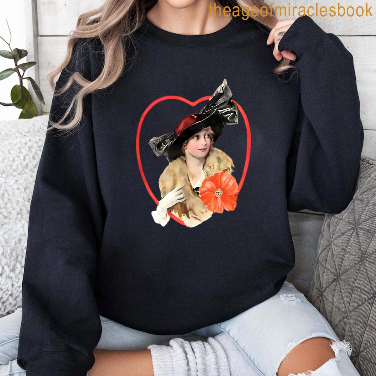 Demure Woman In A Hat In Heart Frame Vintage Magazine Art Revival T-shirt