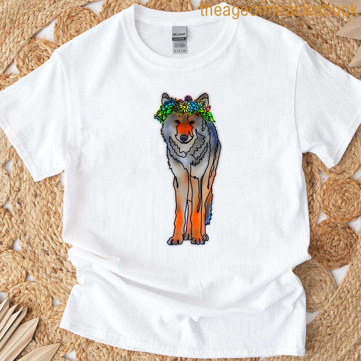 Wild Wolf With Flower Crown Elegant Line Drawing Forestcore Art T-shirt