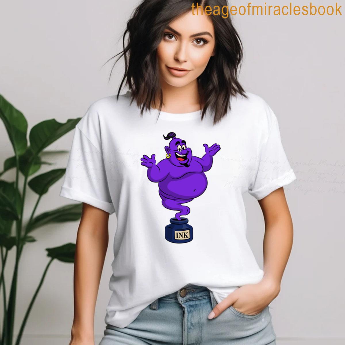 Funny Purple Genie In Ink Bottle Magical Cartoon T-shirt