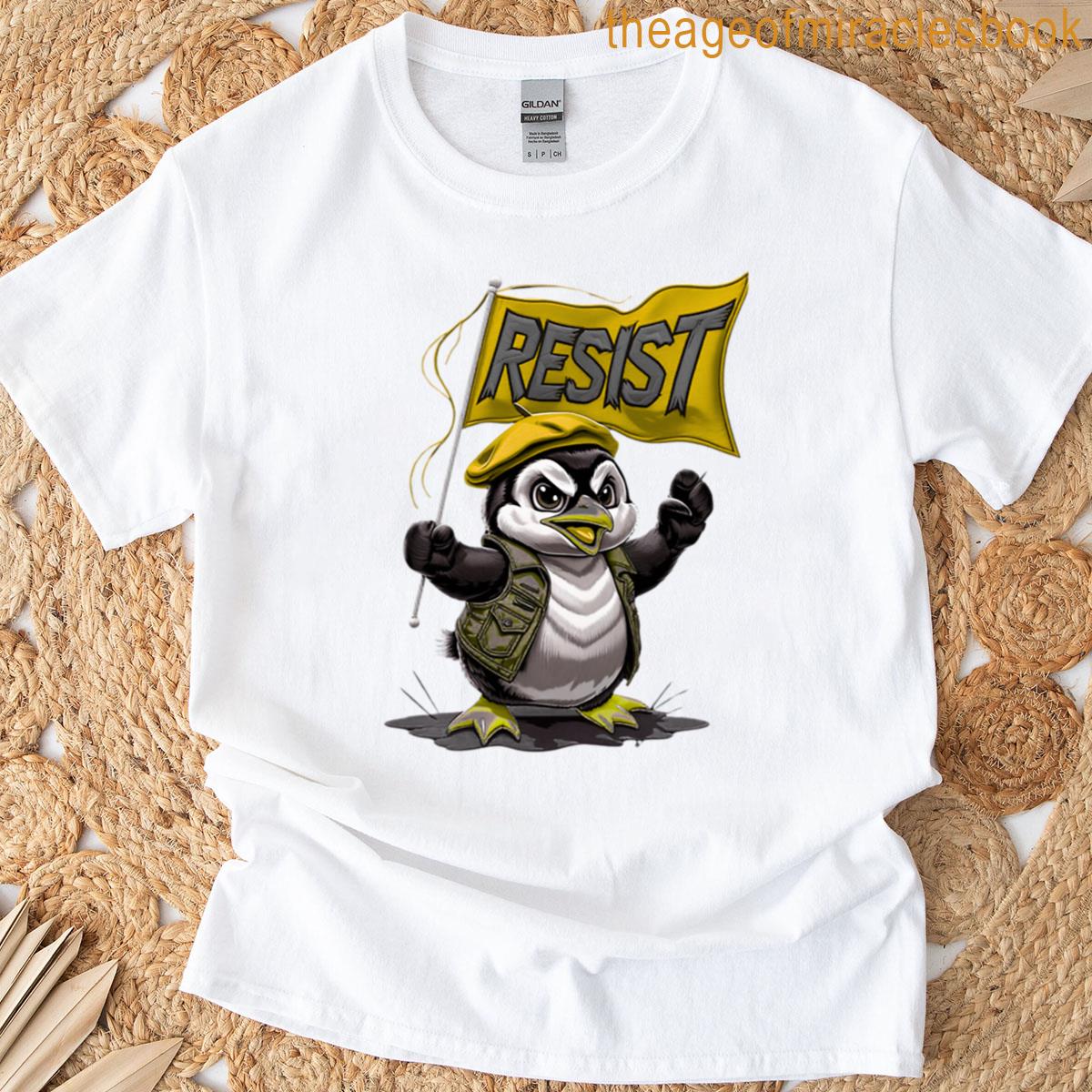 Angry Penguin With Yellow Resist Flag Bold Protest Cartoon Art T-shirt