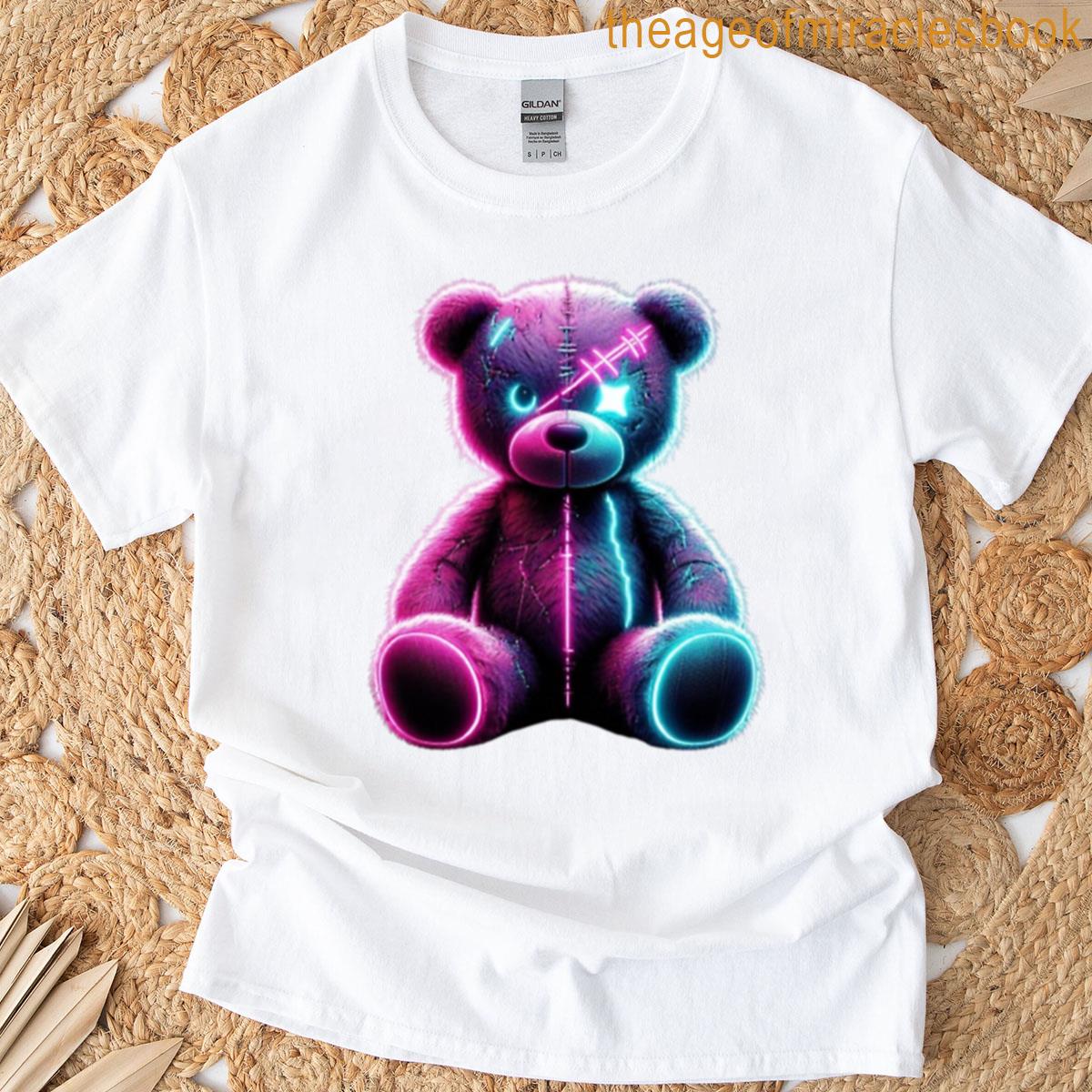 Neon Cyberpunk Glitch Teddy Bear Stitched Star Eye Duality Aesthetic T-shirt